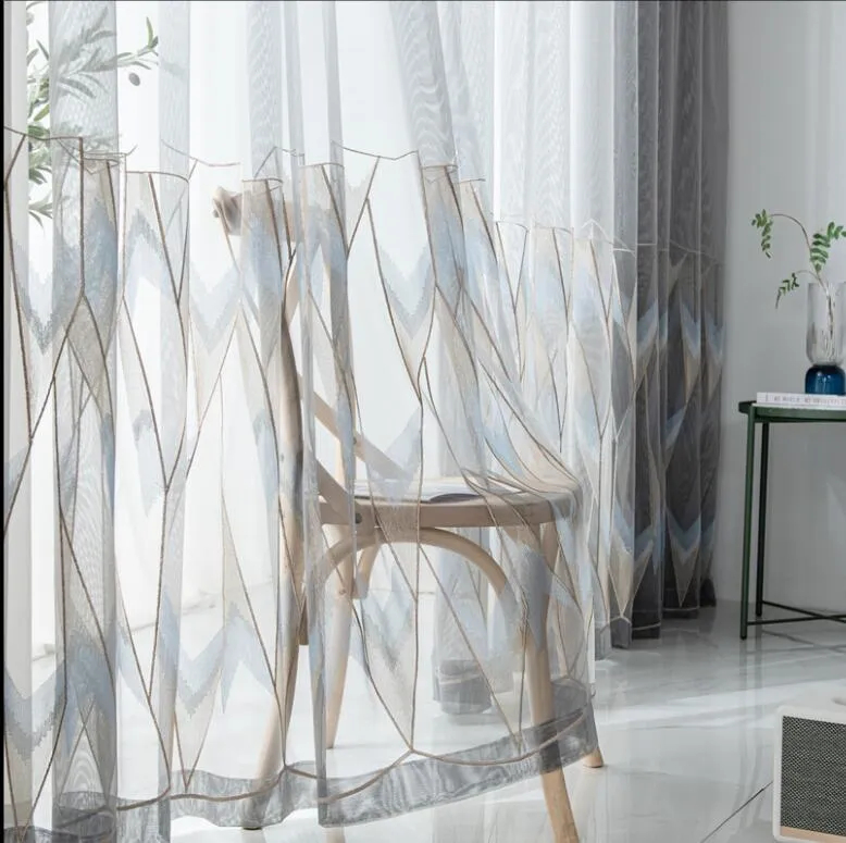DHgate.com:Gray Geometric Embroidered Sheer Curtains for Living Room ...