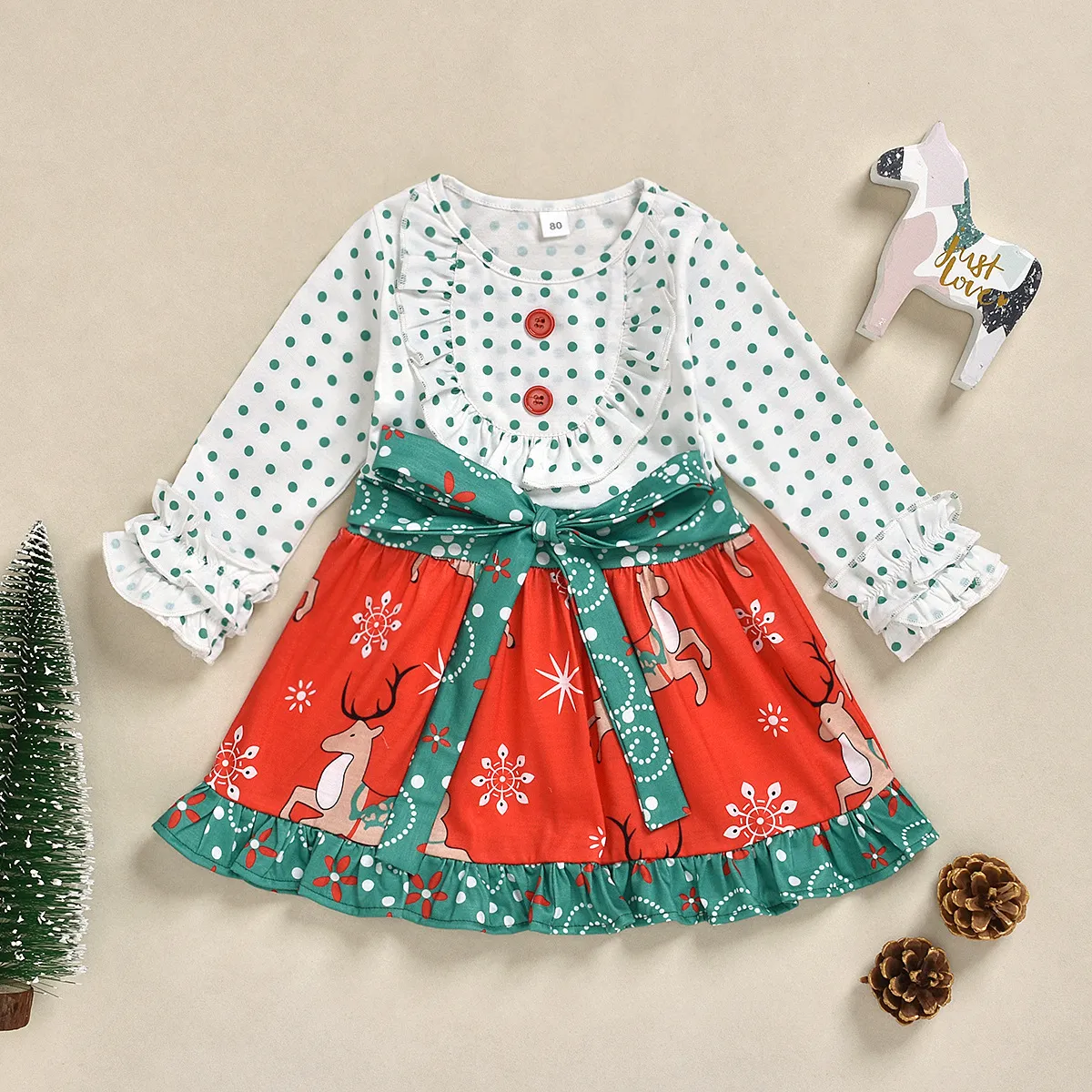 Girls Christmas Dress with Deer Print and Bow Contrast Button in Red ...