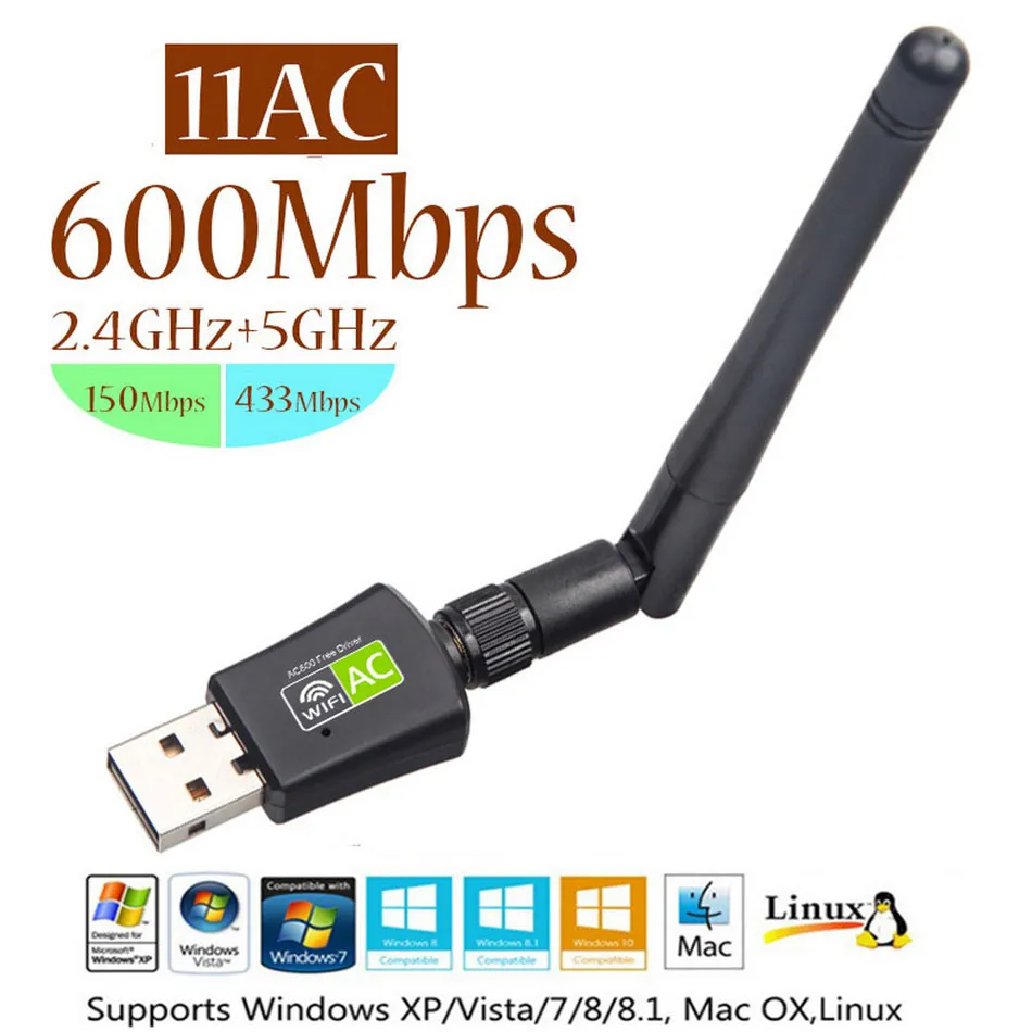 600Mbps USB WiFi Adapter Dual Band 5GHz/2.4GHz Wireless Network Card ...