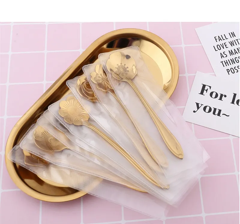 Flower Shape Stainless Steel Tea Spoons Gold Rose Cherry Blossoms ...