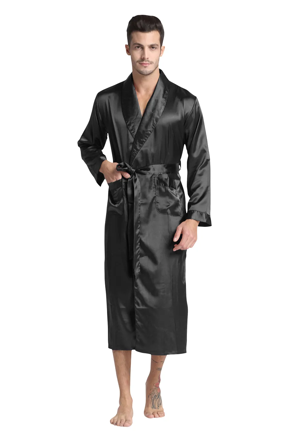Men's Silk Satin Bathrobe Robe Long Solid Polyester Silk Nightgown ...