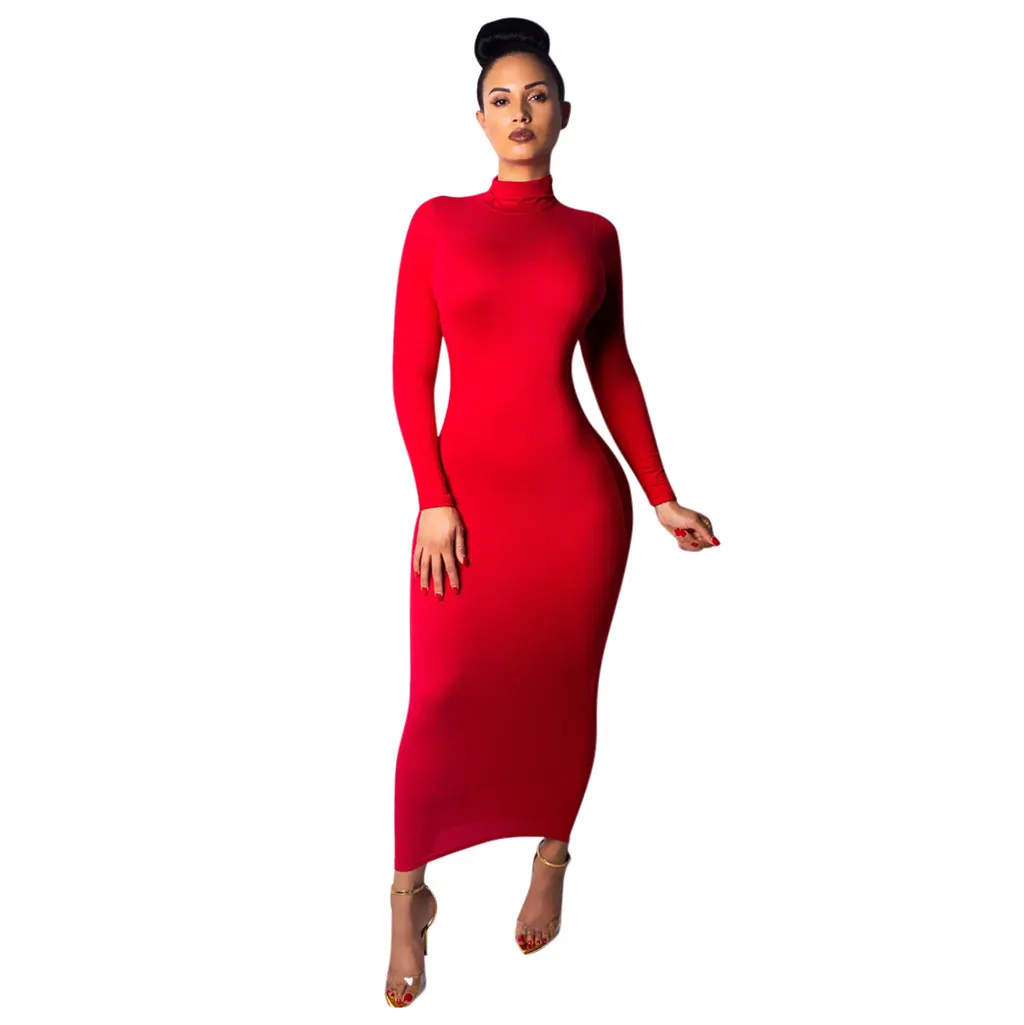 Sexy Solid Color Bodycon Dress With Turtle Neck And Long Sleeves For ...