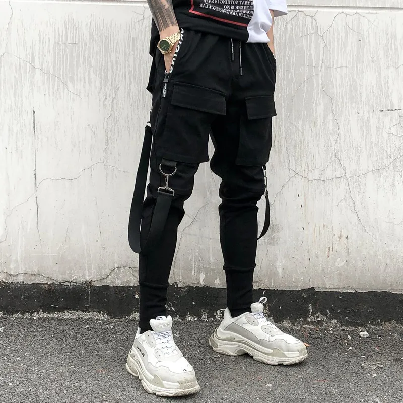 Mens Hip Hop Joggers With Multi Pockets Ribbons And Cargo Design