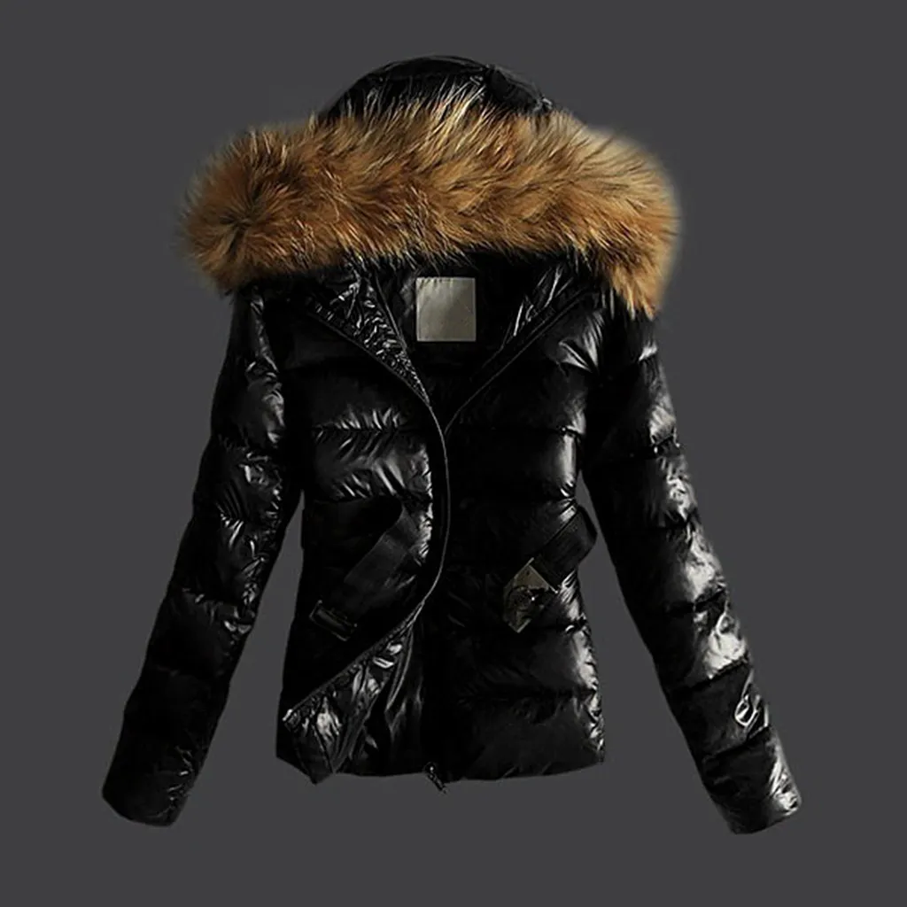 DHgate.com:Womens Black Puffer Jacket with Fur Hood & Belt - Warm ...