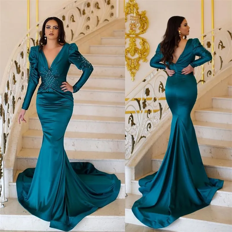 Mermaid satin evening dress with V-neck, long sleeves, backless sweep ...