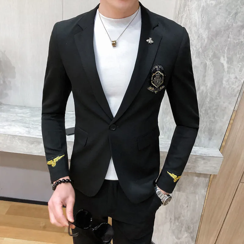 Nightclub Punk Blazer Hombre Men Embroidery Blazer Men Black Gold Badge ...