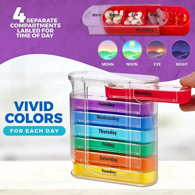 7 Day Pill Organizer - Weekly Medication Dispenser, Four Times Daily ...