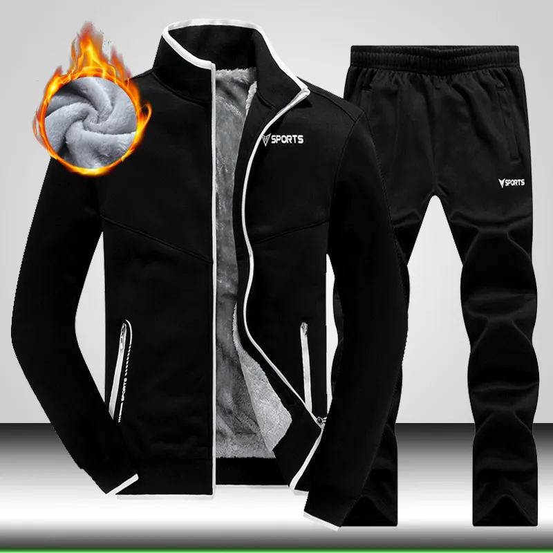 Winter Men's Fleece Lined Tracksuit Set Thick, Warm, And Casual Slim ...