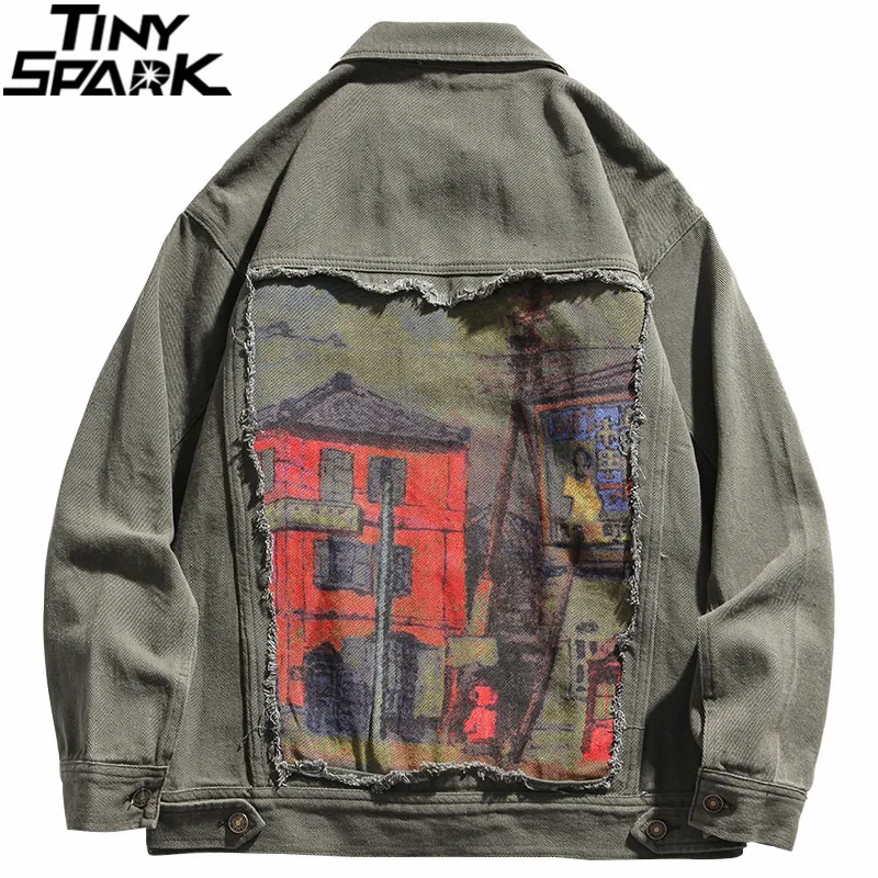Mens Denim Bomber Jacket Ripped Vintage Streetwear Coat With Harajuku ...