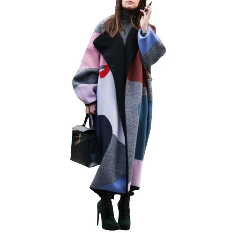 Oversized Long Wool Coat: Women's Wide Lapel Digital Print Wool Blend ...