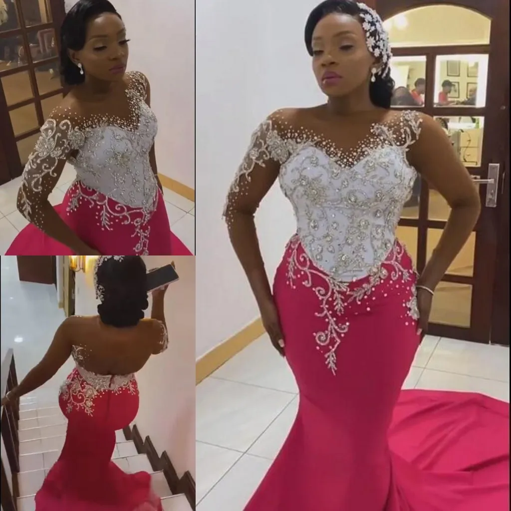 Plus Size Arabic Aso Ebi Mermaid Sparkly Prom Dresses Fuuchsia Lace Beaded Crystals Evening ...