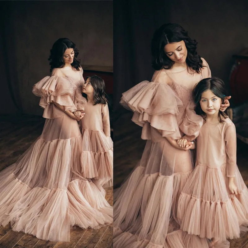 Illusion Tulle Tulle Robe Maternity With Ruffles Long Sleeve Winter ...