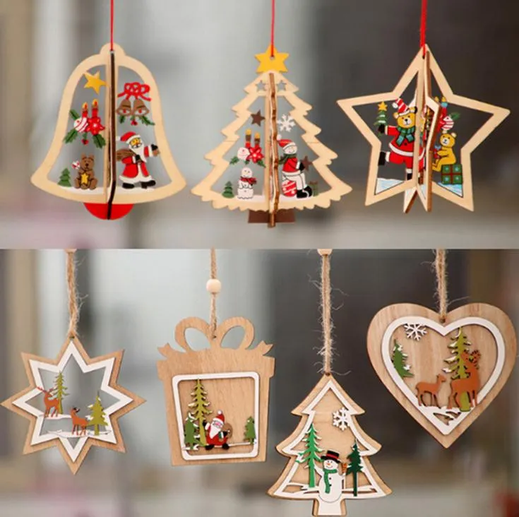 2D 3D Christmas Tree Ornament Wooden Hanging Pendants Star Bell Multi ...