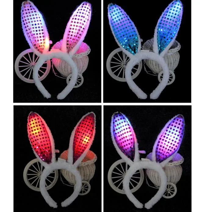 Glowing LED Bunny Ears Headband With Sequins Light Up Fluffy Rabbit ...