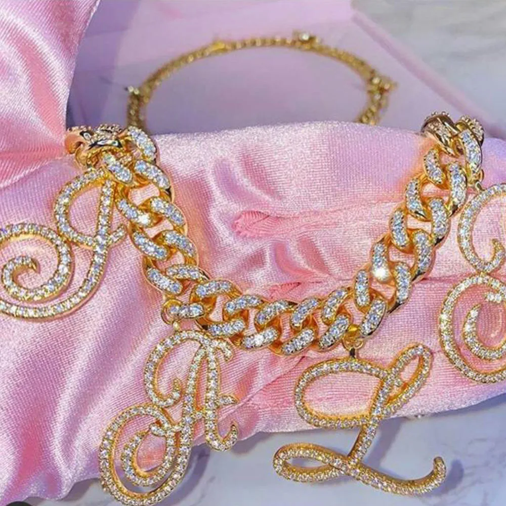 Custom Name A Z Cursive Letter Miami Cuban Link Chain Diamond Name ...