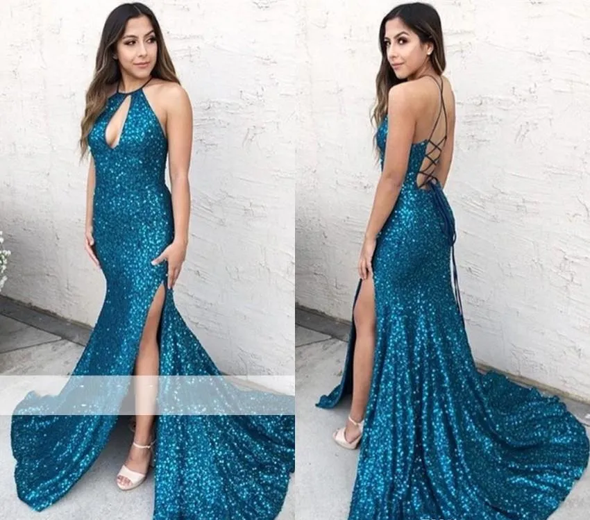Ocean Inspired Blue Sequin Mermaid Halter Prom Dress With High Side ...