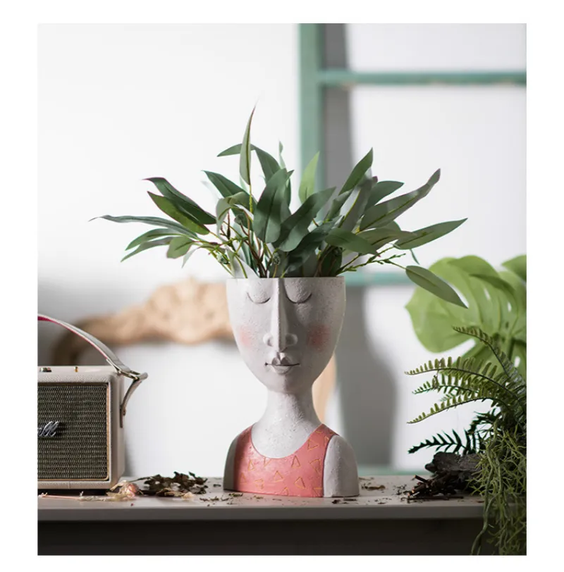 Art Portrait Flower Pot Vase Sculpture Resin Human Face Family Planters ...