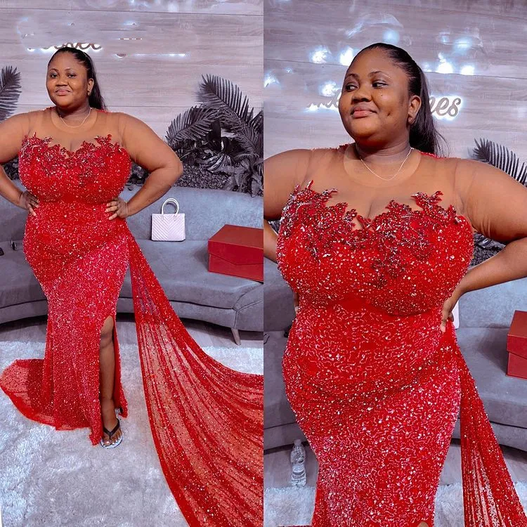 Red Mermaid Red Sparkly Prom Dress With Beaded Crystals Plus Size Arabic Aso Ebi For Evening ...