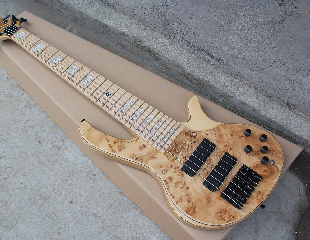 6 String Electric Bass Guitar: Natural Wood Color, Burly Grain Veneer ...