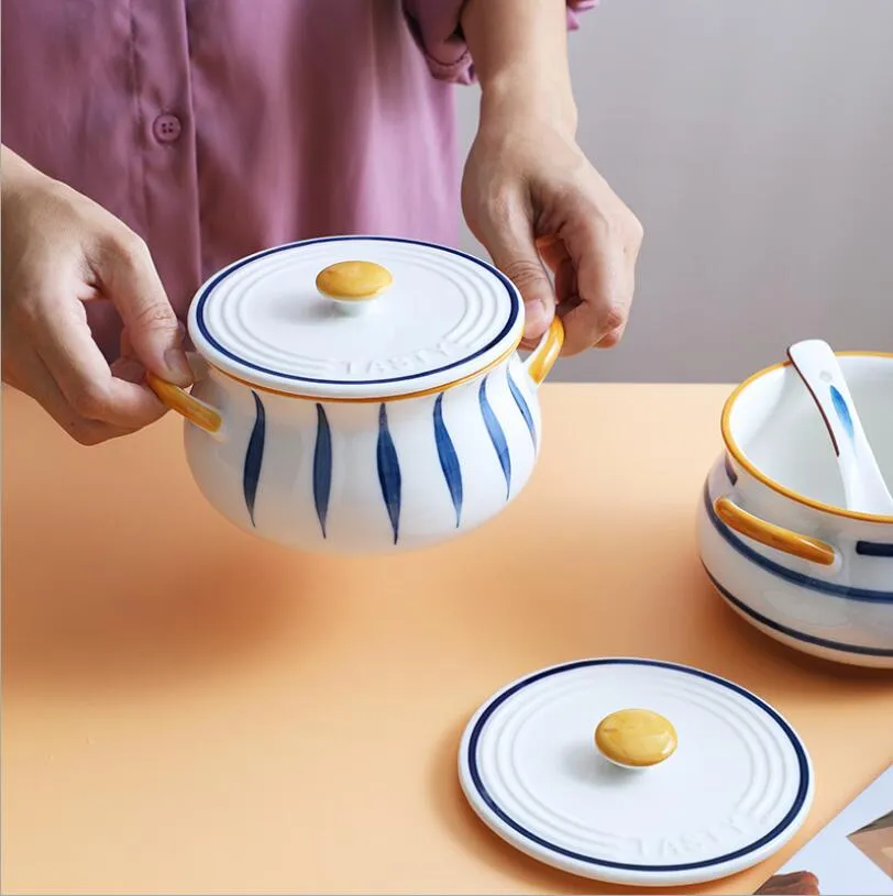 Hand-Painted Ceramic Soup Bowls with Lid - Double Ear Dutch Oven ...