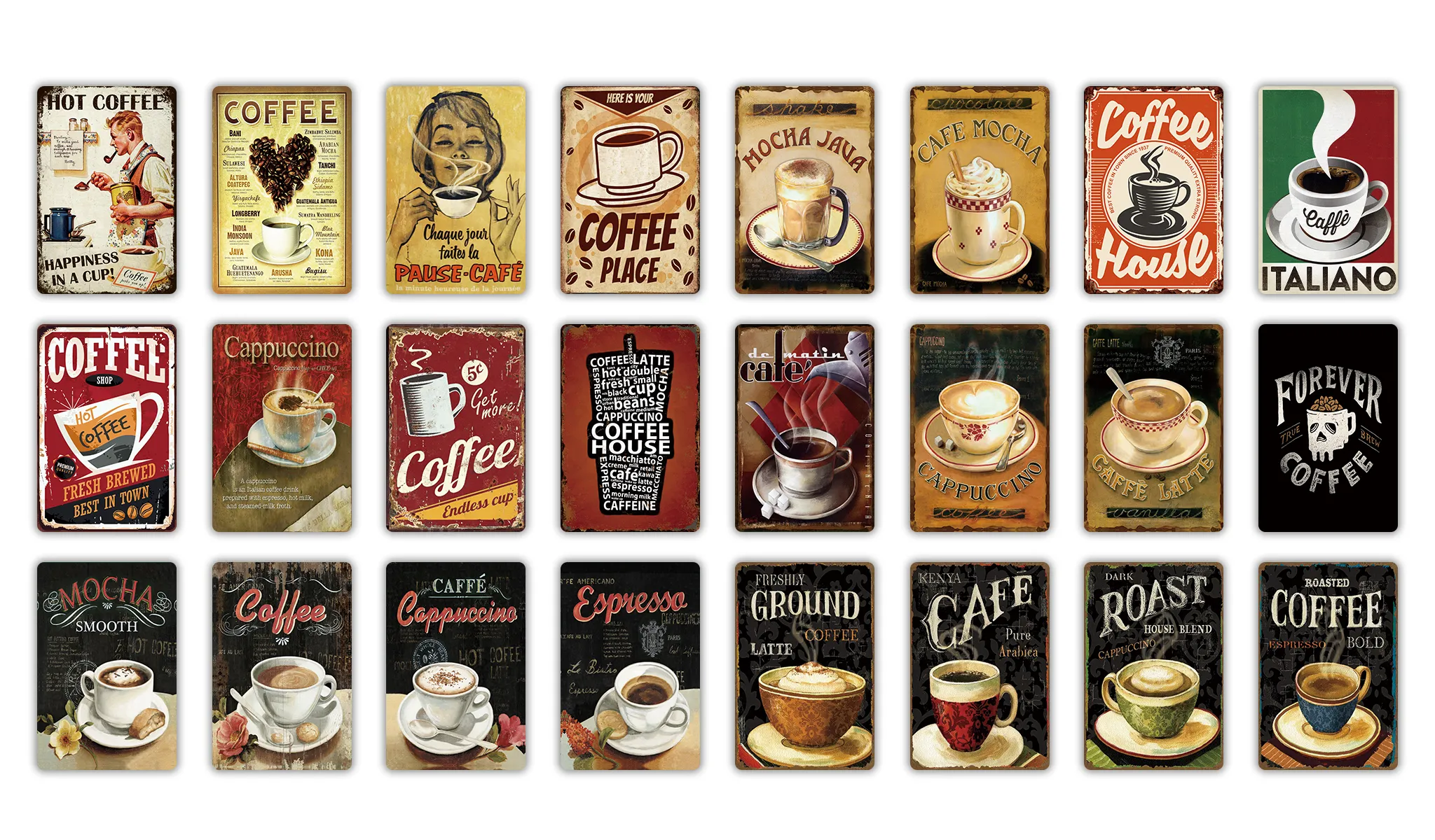 Vintage Coffee Posters And Retro Cafe Metal Signs Set Of Vintage Metal
