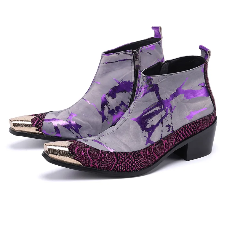Patchwork Print Leather Men Big Size Ankle Boots Metal Toe High Heels ...