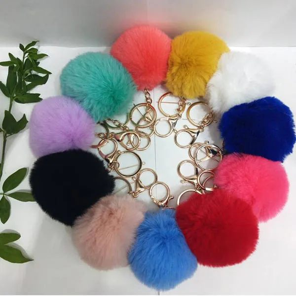 Rabbit Fur Ball Keychain 8cm Soft Lovely Gold Metal Key Chains Ball Pom ...
