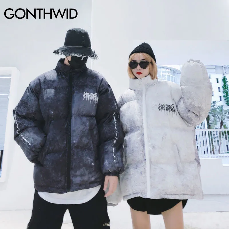 GONTHWID Graffiti Ink Tie Dye Cotton Padded Puffer Heavy Winter Jacket ...