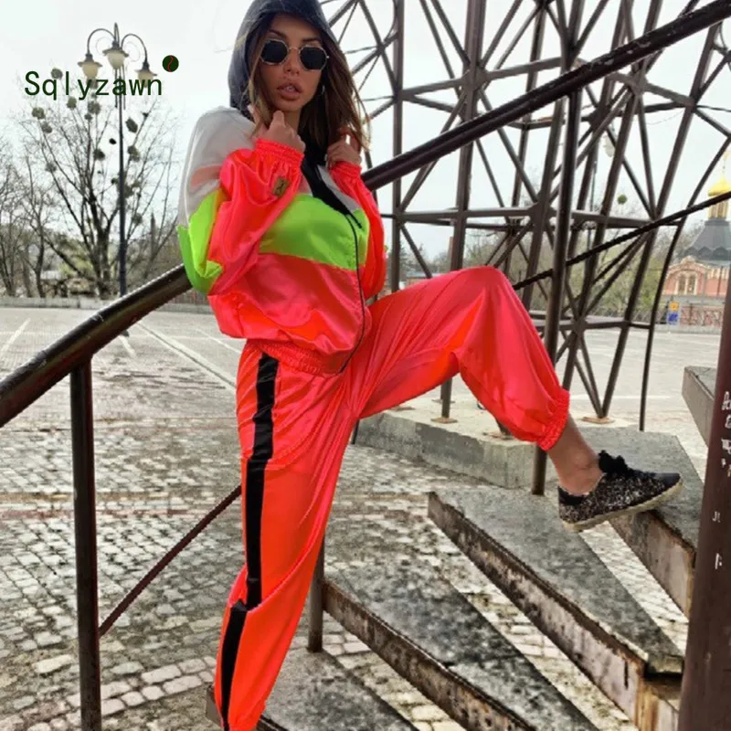 Neon Patchwork Women's Tracksuit Set - Hooded Jacket & Pants - Hoodie ...