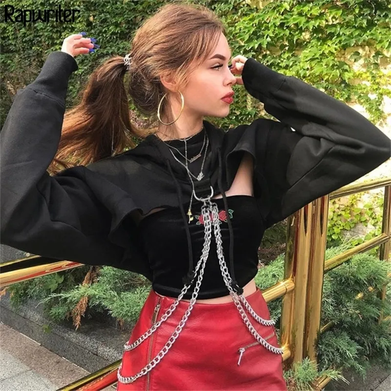 Women's Black Punk Metal Chain Patchwork Long Sleeve Hoodie Sweatshirt ...