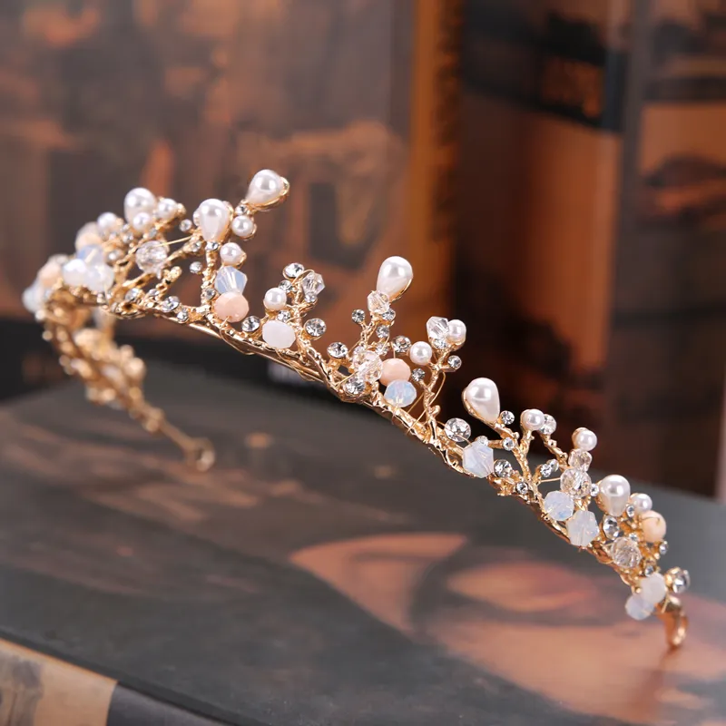 Gold Crown Bridal Headdress With Pearl Rhinestone Vintage Wedding ...