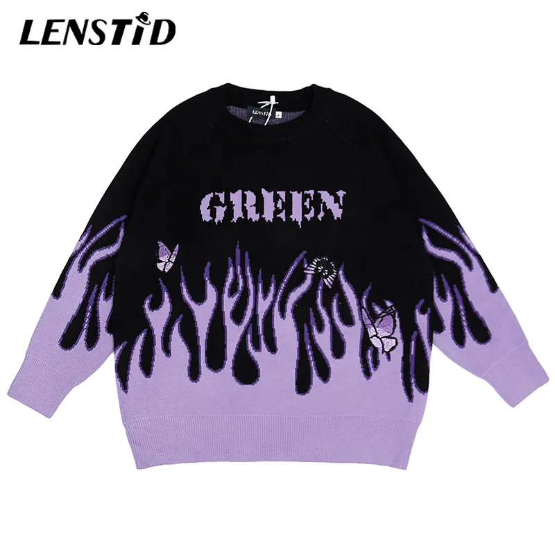 LENSTID Men Hip Hop Knitted Jumper Sweaters Fire Flame Butterfly ...