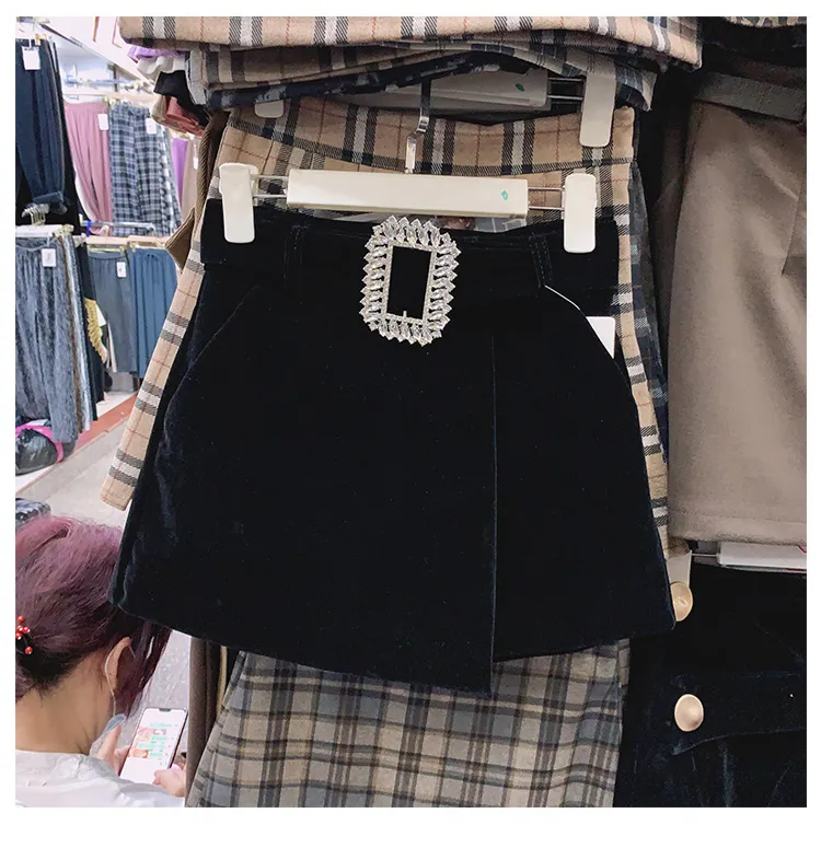 Women's Plus Size Plaid Skirt and Velvet Wide Leg Shorts with ...