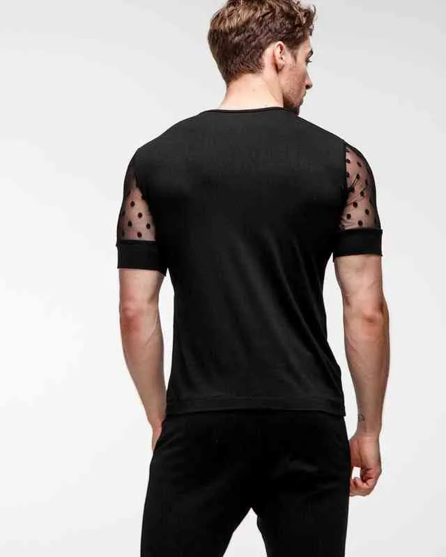 2020 New Men's Sexy Mesh Transparent T Shirt Male Slim Fit Polka Dot ...