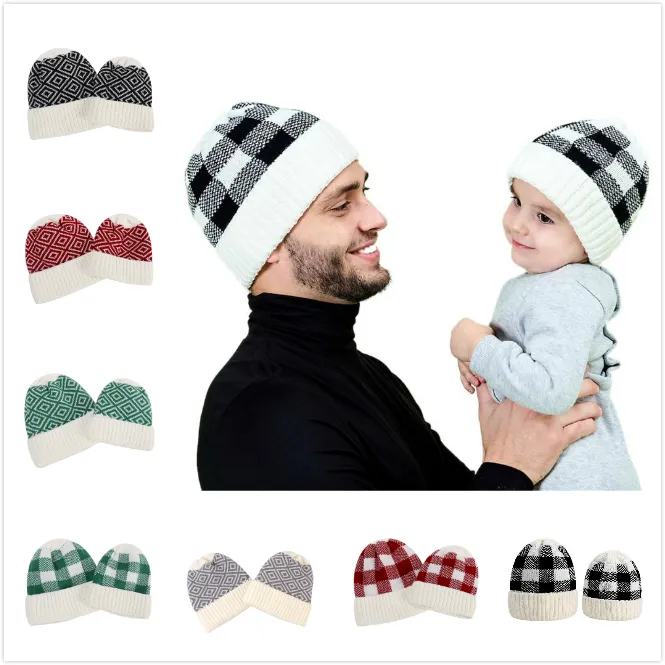 Acrylic Parent-child Plaid Beanie Winter Warm Dome Knit Caps for Adults ...
