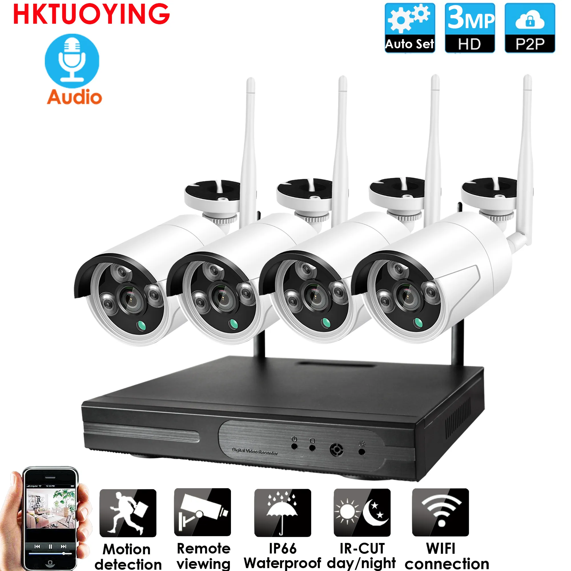2024 New4CH 3MP Audio CCTV System Wireless, 1080P NVR Security Recorder ...