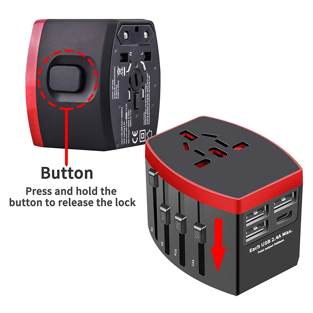 Universal Travel Multi Outlet Adapter With 5 USB Ports And Wall Charger For UK/EU/US/Asia From ...