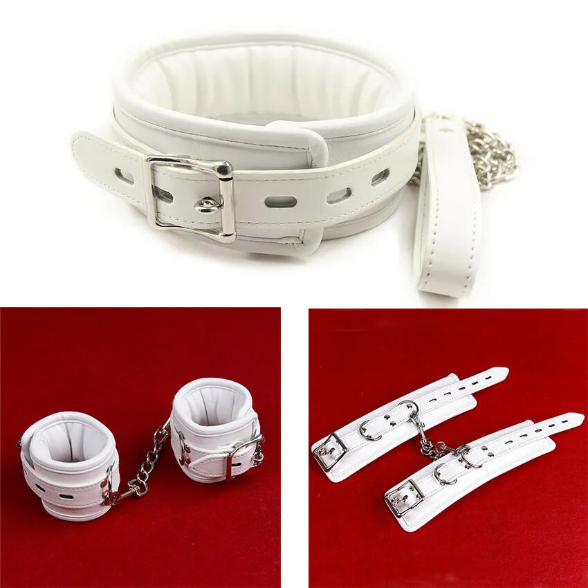 White Leather Bondage Binding Handcuffs Foot Cuffs Restraining Neck ...
