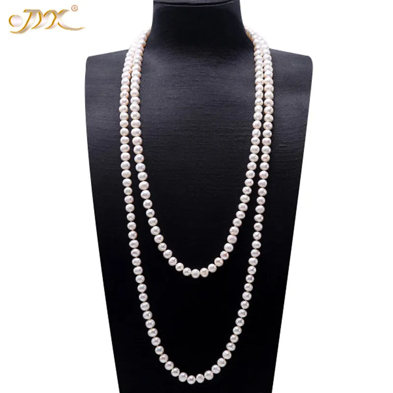 Extra Long Pearl Necklace Elegant Round White Freshwater Pearl Strand ...