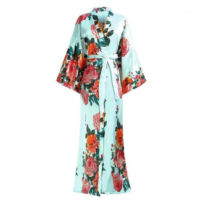 Floral Print Satin Kimono Bathrobe For Women V Neck Satin Sleepwear In