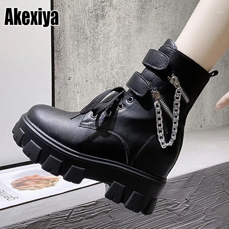 2021 Black Punk Metal Chain Ankle Boots For Women Chunky Platform ...