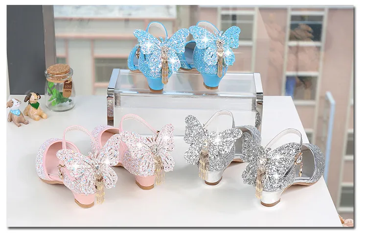 Princess Kids Leather Shoes For Girls Glitter Butterfly Knot Dress Party Children High Heel ...