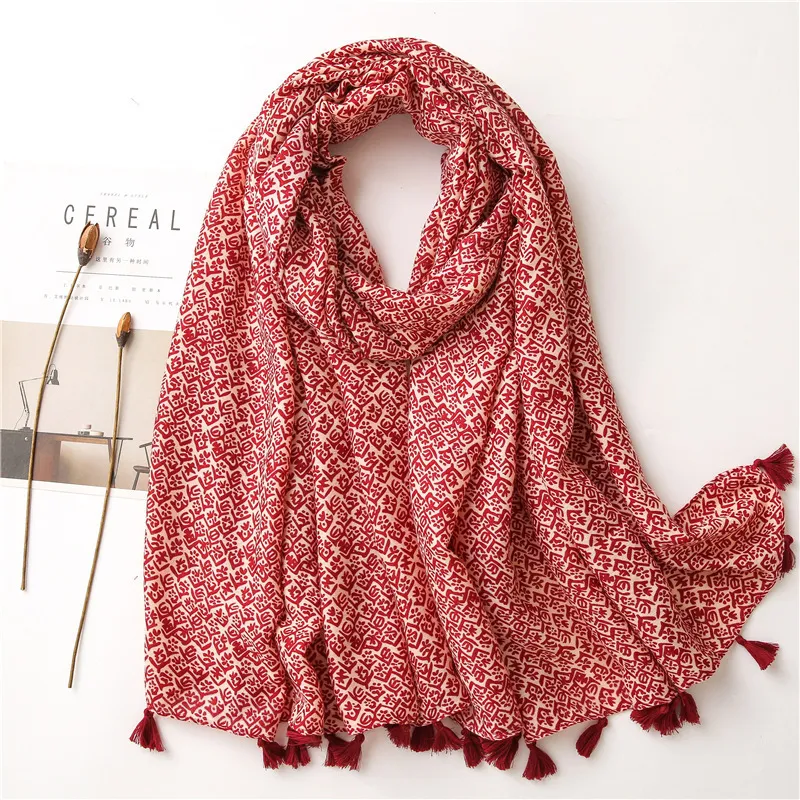 Ladies Maroon Geometric Tassel Viscose Shawl Scarf Autumn Winter ...