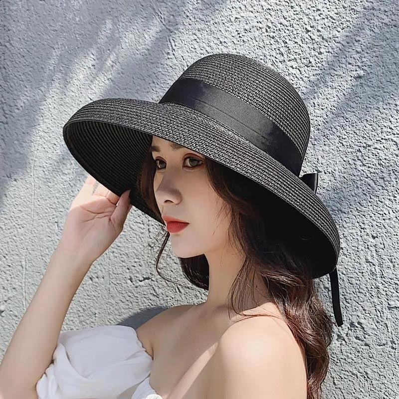 Retro Hepburn Black Straw Oversized Beach Hat With Wide Brim For Women