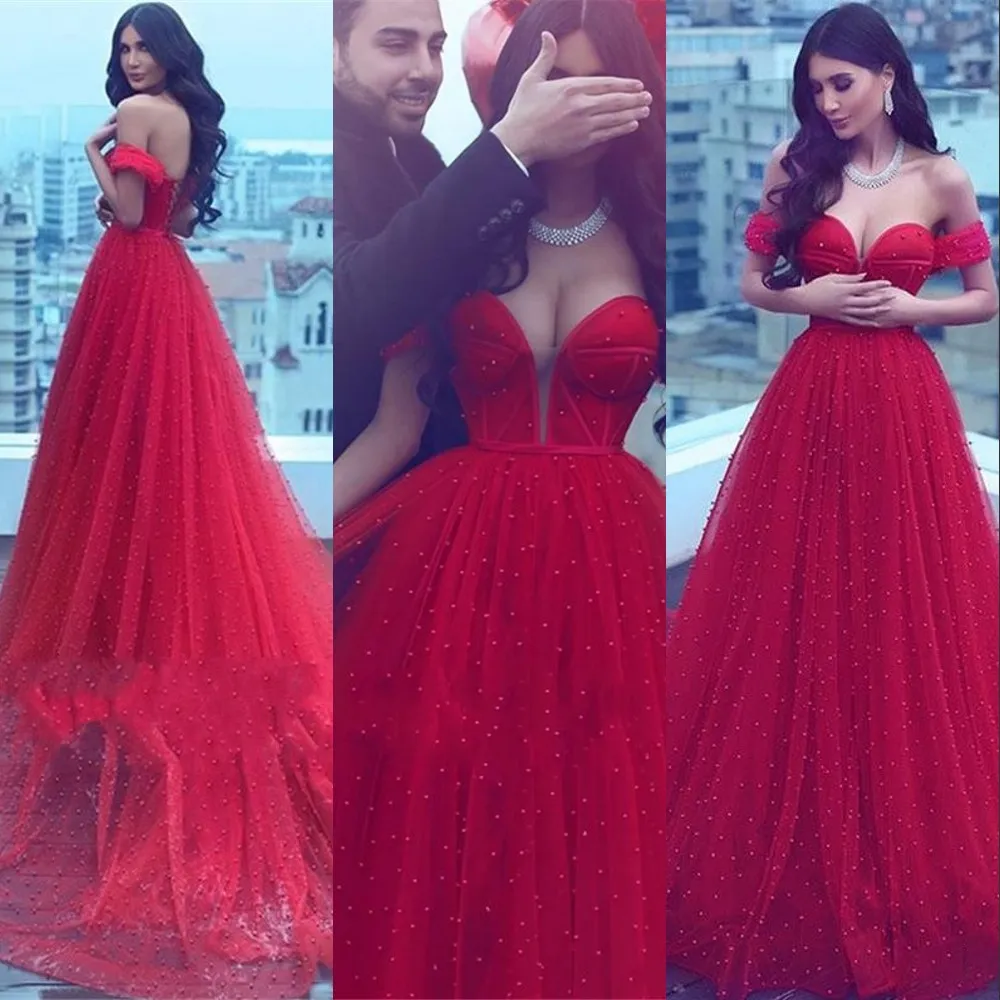 Arabic Dubai red prom gown: Off-Shoulder Red Gown with Keyhole, Pearls ...