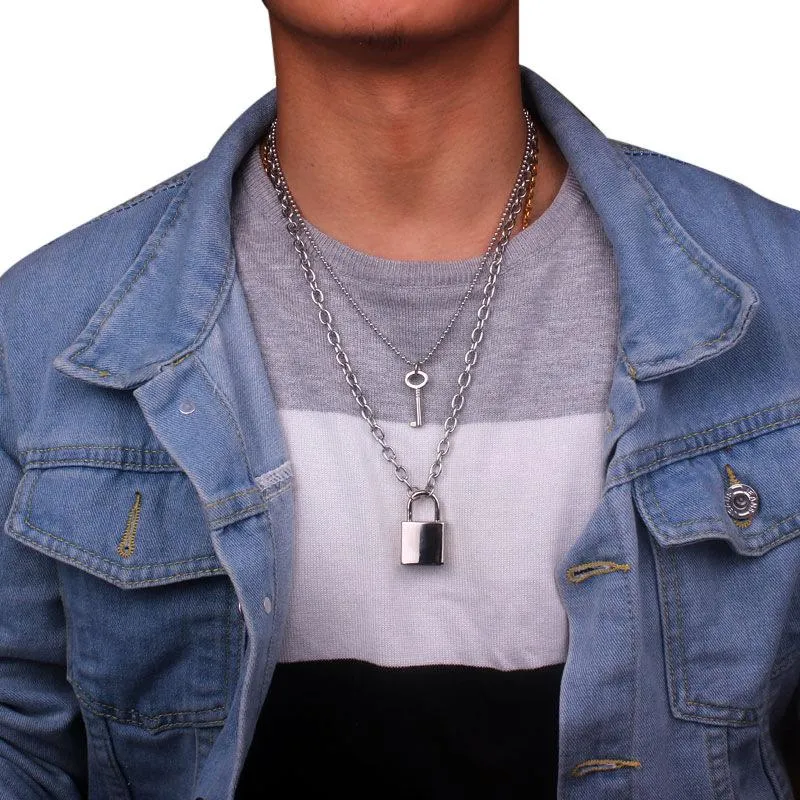 Stainless Steel Double Key Lock Chain Pendants For Guys Punk Style Hip ...