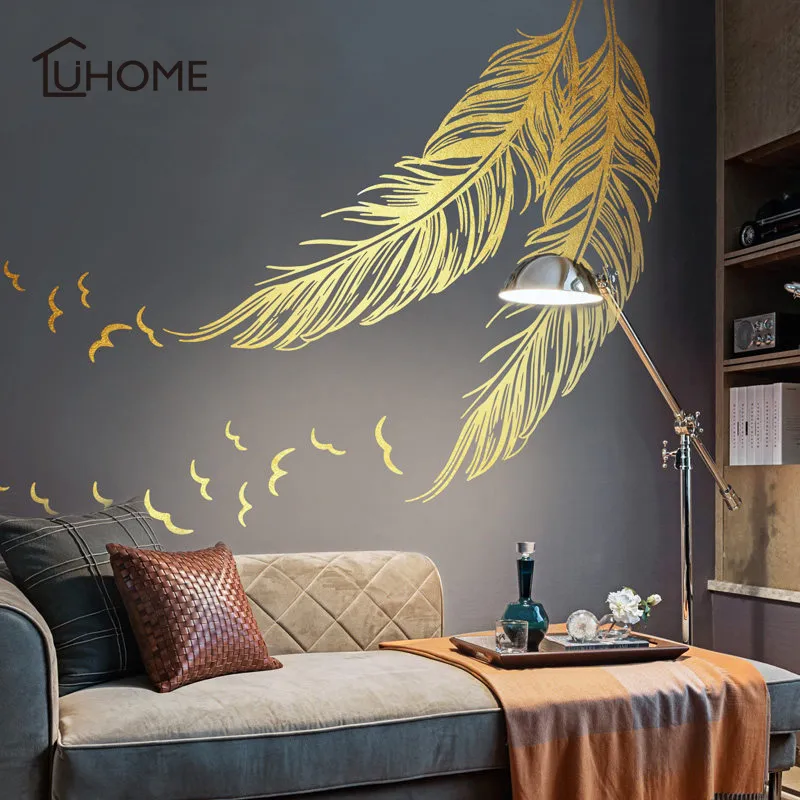 Large Left Right Flying Gold Feather Art Wall Sticker For Home Decor ...