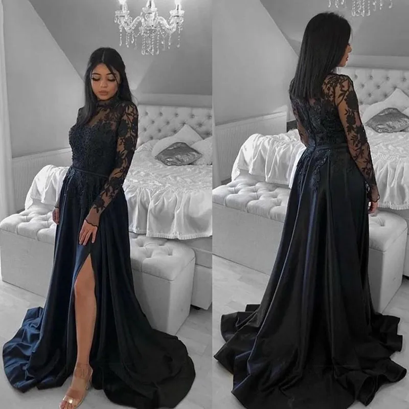 Long Sleeve Black Lace Applique Long Sleeve Prom Dresses With Side