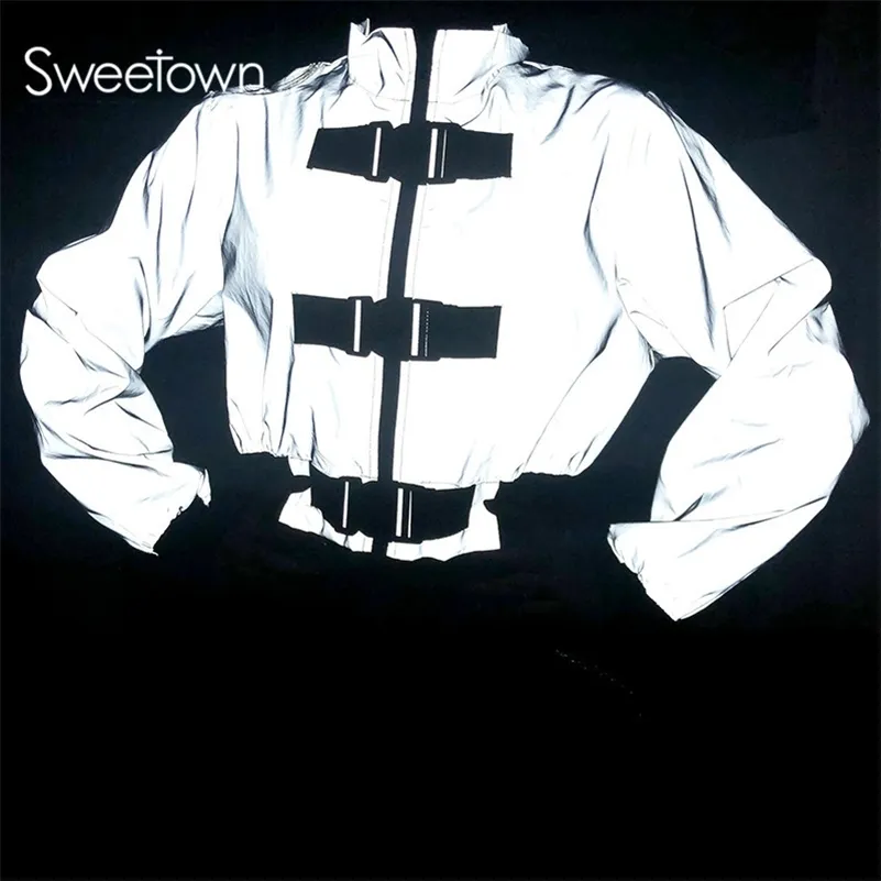 Silver Reflective Bomber Cropped Reflective Jacket With Zipper And ...
