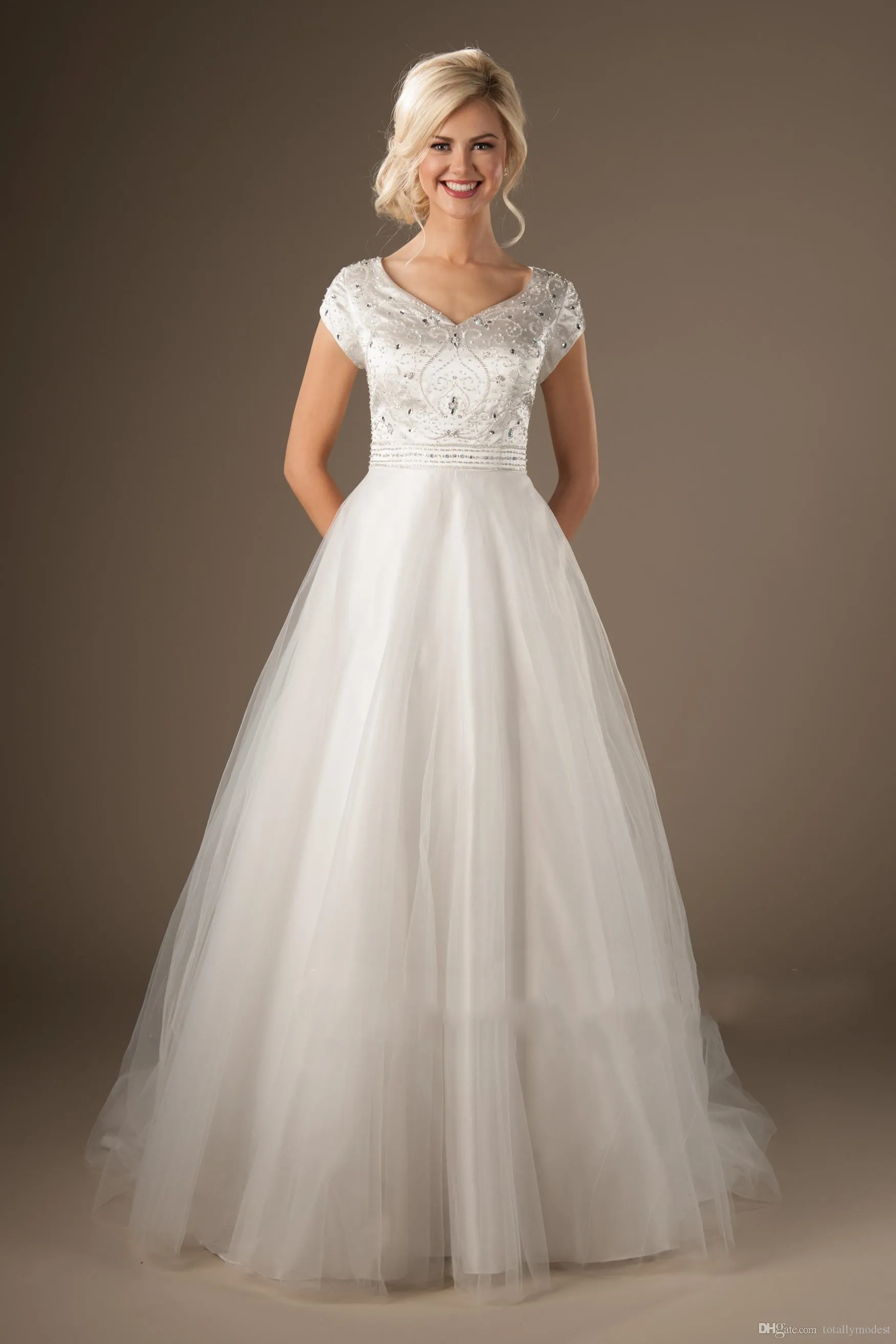 Modest Cap Sleeve Short Sleeve Wedding Dress With Beaded Bodice And ...